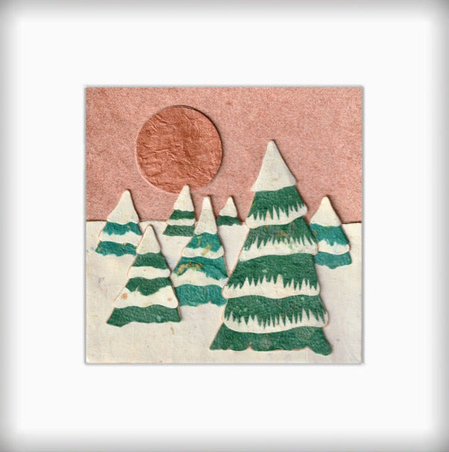 " Snowy Forest Sunset " Paper Collage Art – Works of Wyoming Gift n Gallery